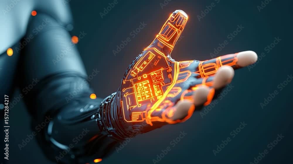 Futuristic robotic hand with glowing orange circuits, advanced ...