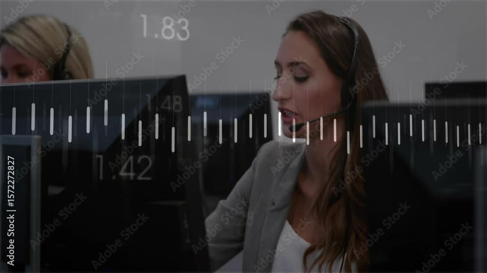 Call center agent speaking into headset, activating bars morphing into ...