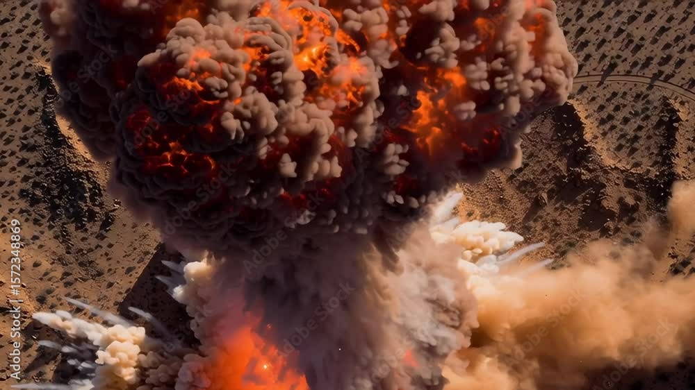 A large explosion is seen in the sky, with smoke and ash filling the ...