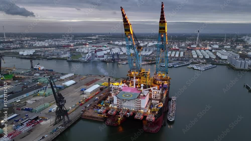 Rotterdam, Netherlands. Drone flight over industrial area with cargo ...