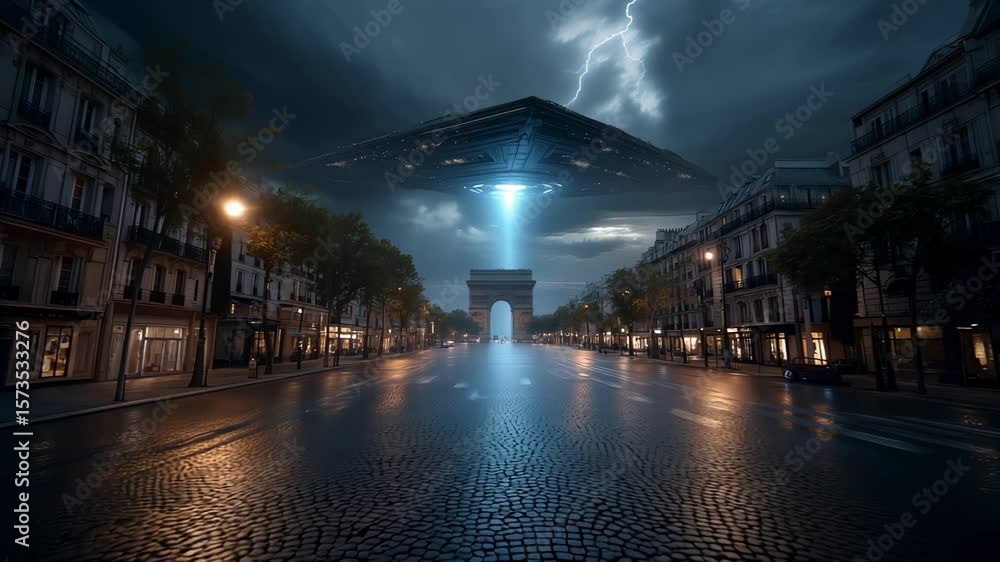 A mysterious UFO hovered over the iconic Paris Arc de Triomphe at night ...