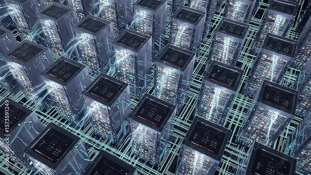 Top-down animated view of network signals pulsing across grid of server ...