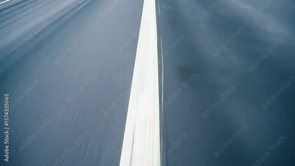 Fast motion camera moves rapidly along highway showing white dashed ...