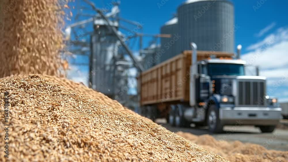 Golden wheat grains pouring from a giant silo into a waiting bulk ...