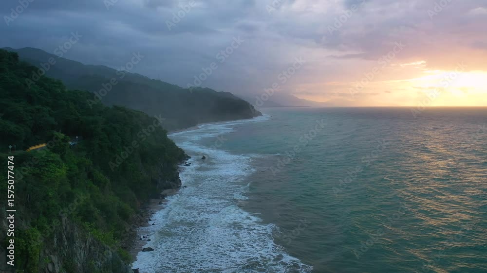 Aerial view of sunset over Caribbean coast, Colombia. Stock Video ...