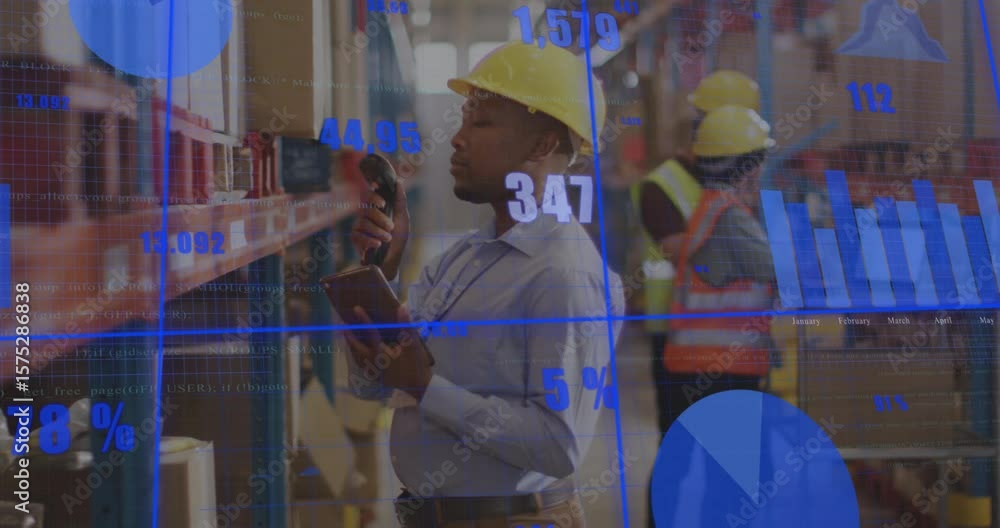 Warehouse clerk raising scanner and scanning labels, updating overlays ...