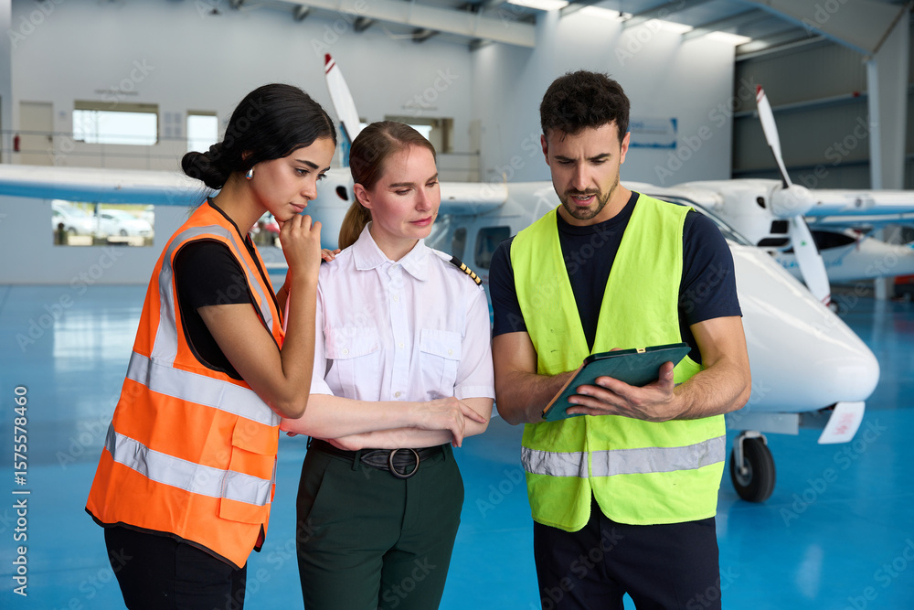Poster Aircraft maintenance team reviewing flight data in hangar – Wall Art | UkPosters