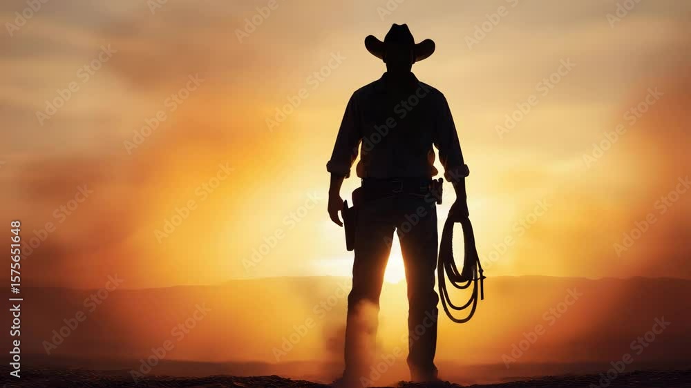 Silhouette of a cowboy holding a rope against a vibrant sunset ...