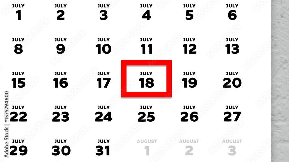 The date July 18th marked with a red cursor on the wall calendar 2025 ...