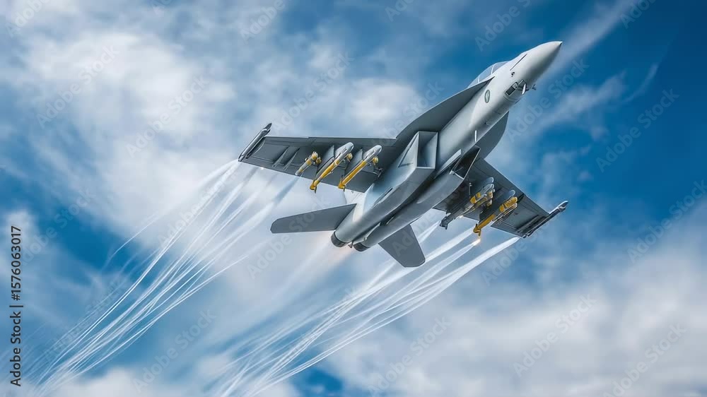Advanced supersonic fighter jet soaring through high-altitude cloudy ...
