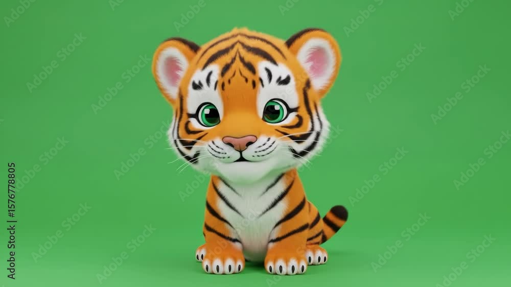 Adorable Animated Tiger Cub Sitting and Smiling on Green Screen ...