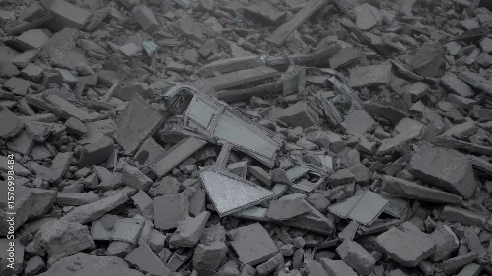 Collapsed buildings covered in dust after a powerful earthquake. Scene ...