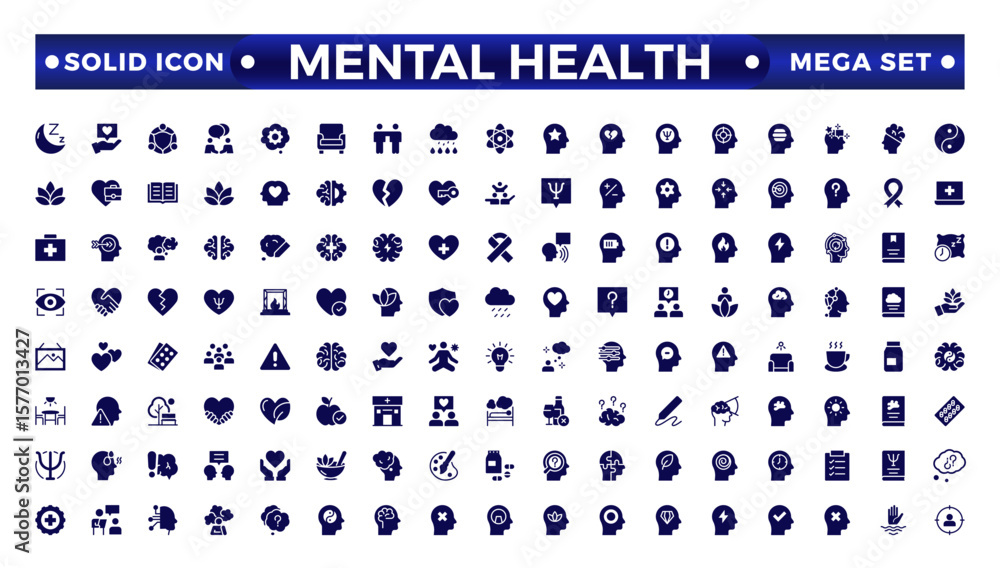 Mental health solid icon set. Containing depression, bipolar, PTSD ...