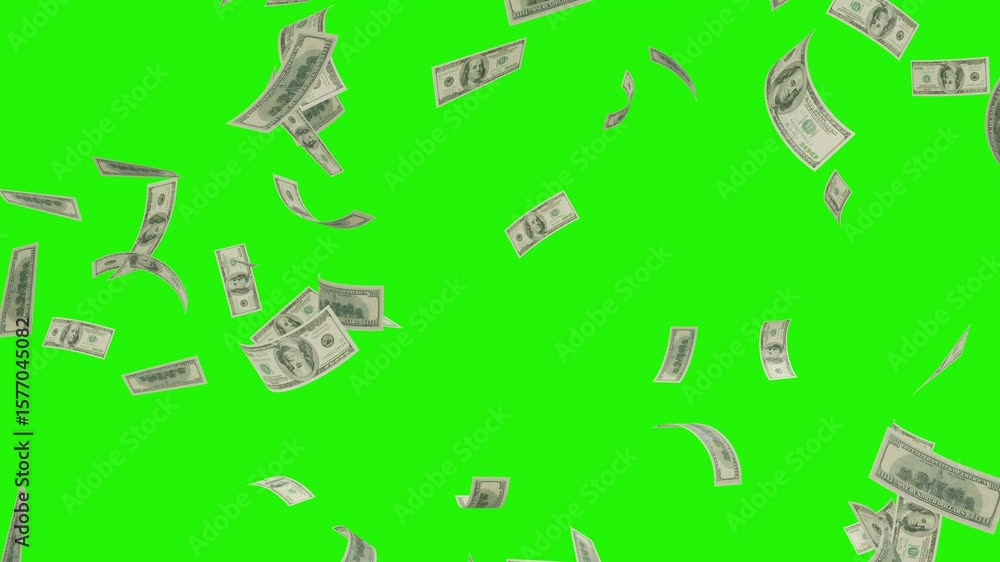 4K Realistic US Dollar Bills Floating money Rain Green Screen Background for Finance Videos ...
