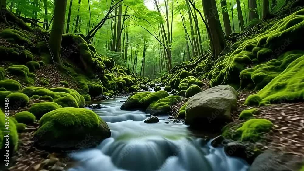 Beautiful forest stream flowing through mossy rocks nature scenery ...