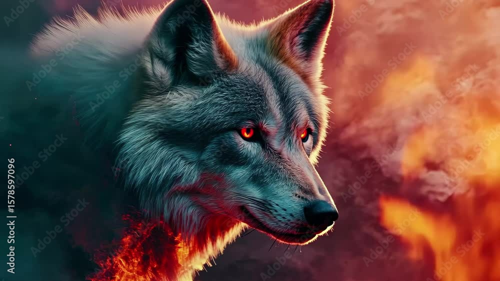 Wolf surrounded by vibrant colored fire and smoke at dusk in a dynamic ...