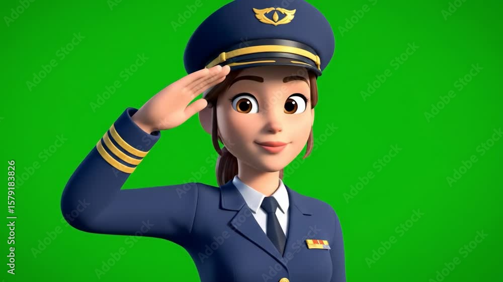 Cartoon Female Pilot Saluting with Green Screen Background, Animated ...