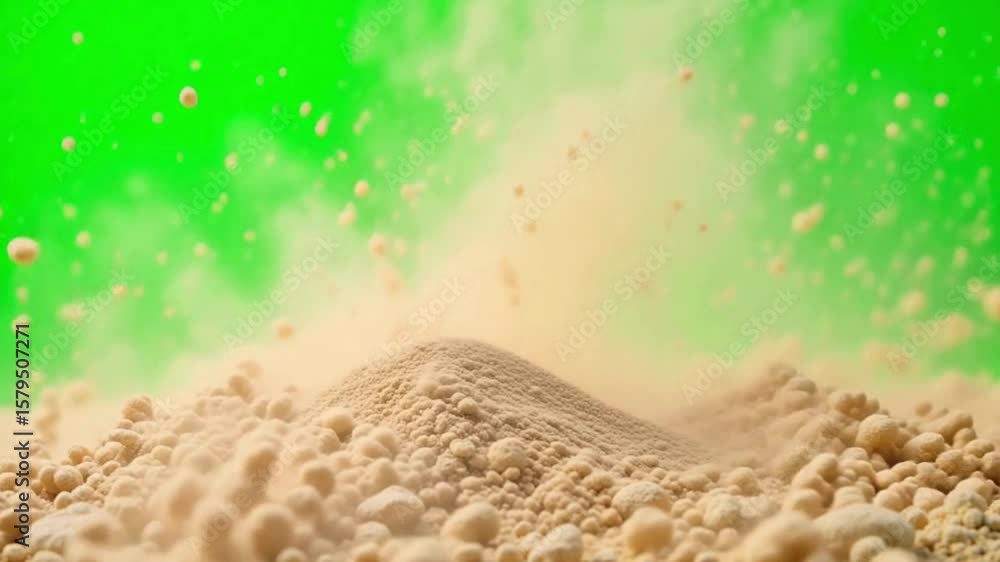 Explosion of sand and small rocks with a green screen background in a ...