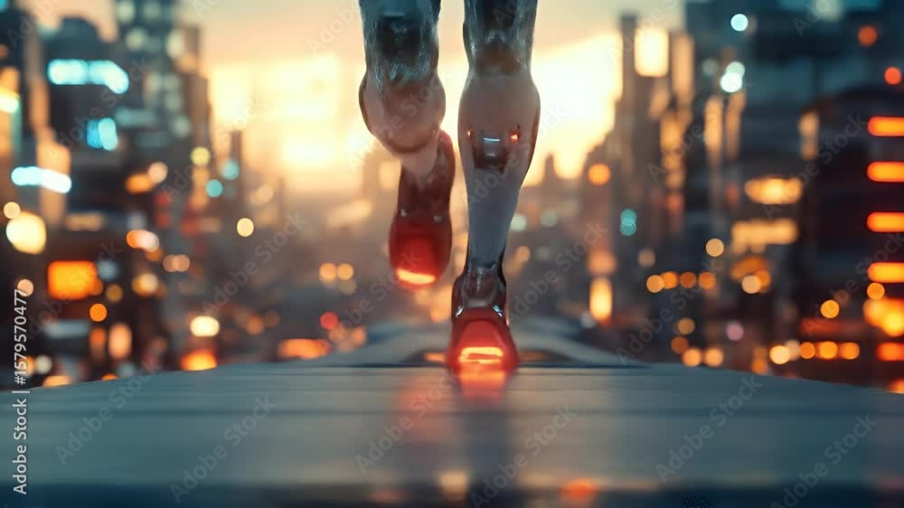 Close-up of robotic legs with glowing soles walking through cityscape ...