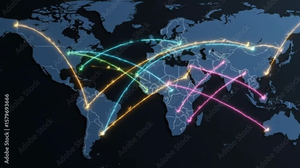 A stylized world map with glowing lines showing migratory bird paths ...