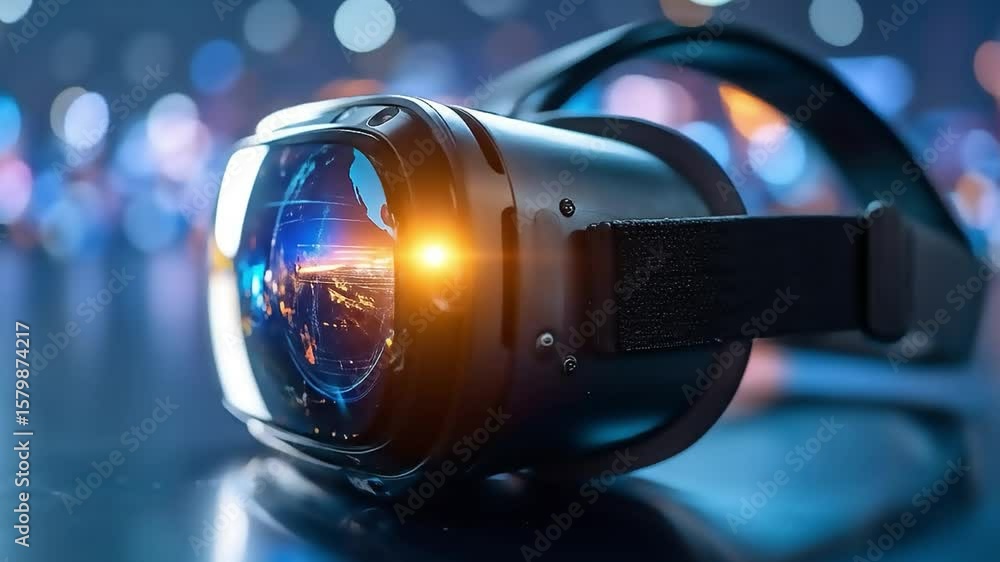 Immersive world with augmented reality headset displaying a glowing ...