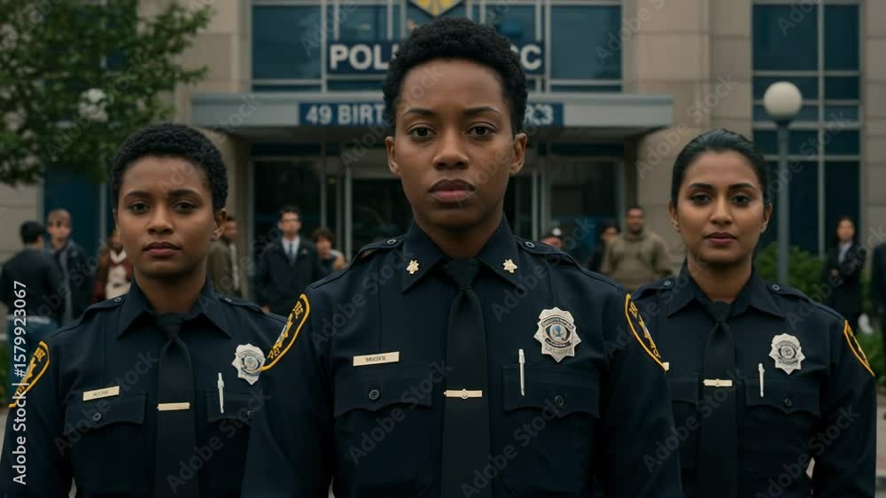 Diverse group of three female police officers standing together outside ...