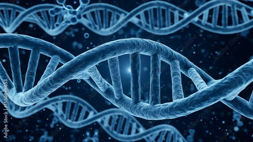 Close-up of a double helix DNA structure, with a blue color scheme ...