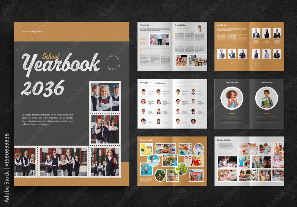 School Yearbook Layout with Stamp Frame Elements Stock Template | Adobe ...