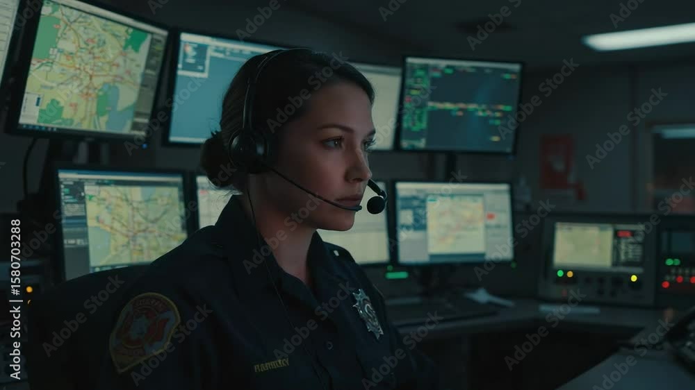 Dispatcher manages emergency calls in fire department control room with ...