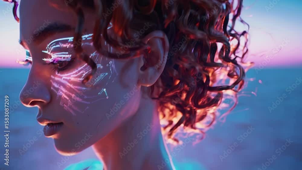curly hair android robot portrait glowing with circuit lines. robot ...