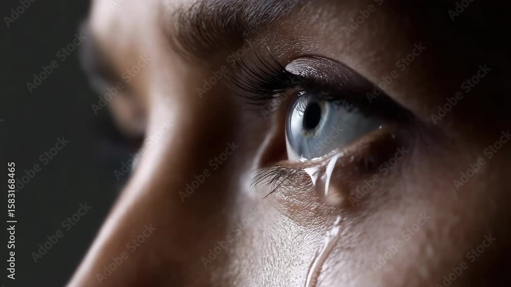 A woman's eye is crying, and the tears are running down her face ...