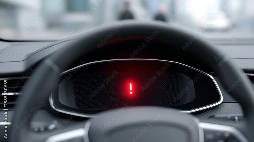 Car dashboard with a lit red exclamation mark indicating a warning ...