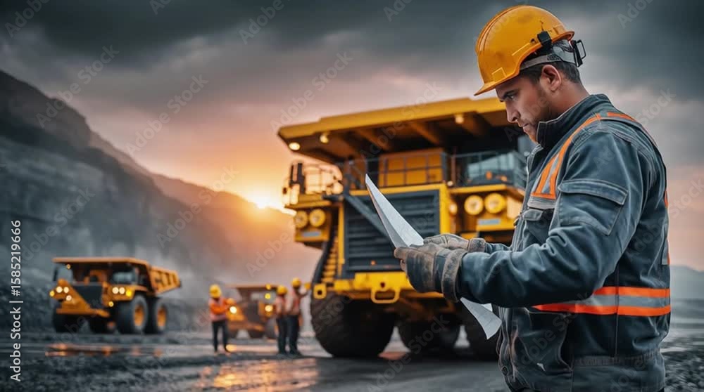 Mining Foreman Reviewing Plans at Open Pit Mine Site, Heavy Equipment ...