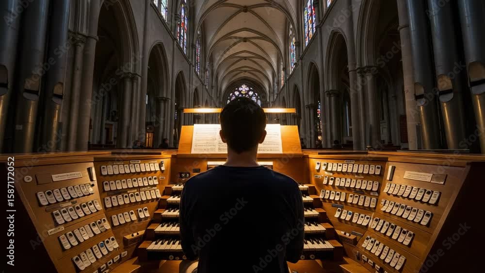 Man from behind playing a large pipe organ in a grand cathedral ...