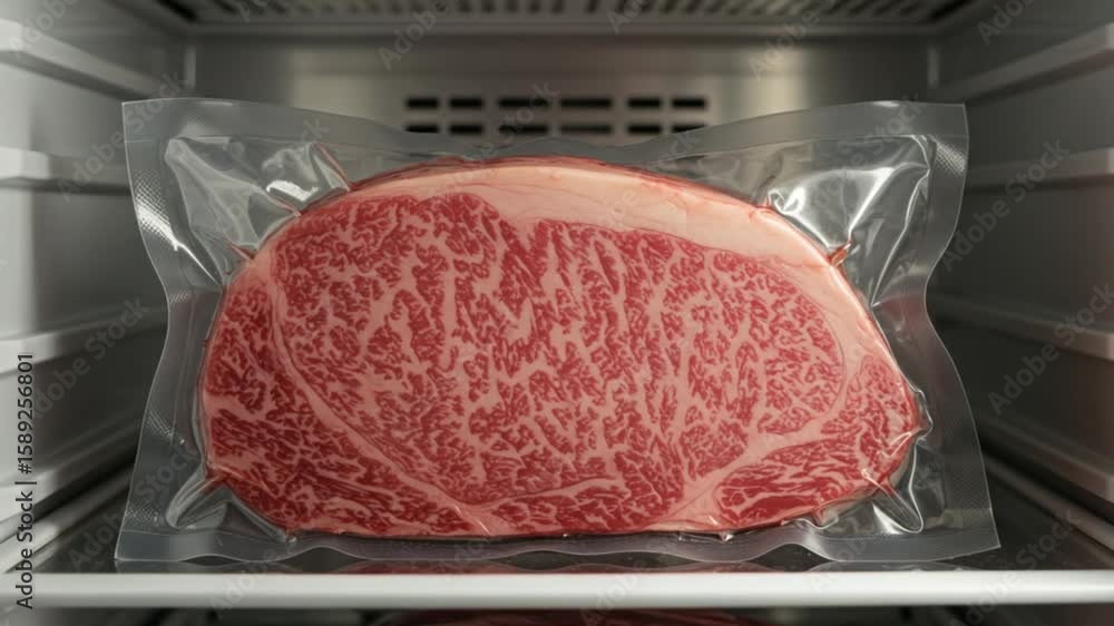 Wagyu beef cuts in vacuum sealed package displayed in a refrigerator ...