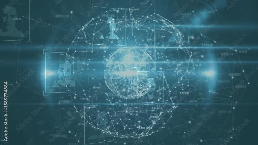 Globe materializing at center rotating while frames fading in and linking showing network growth ...