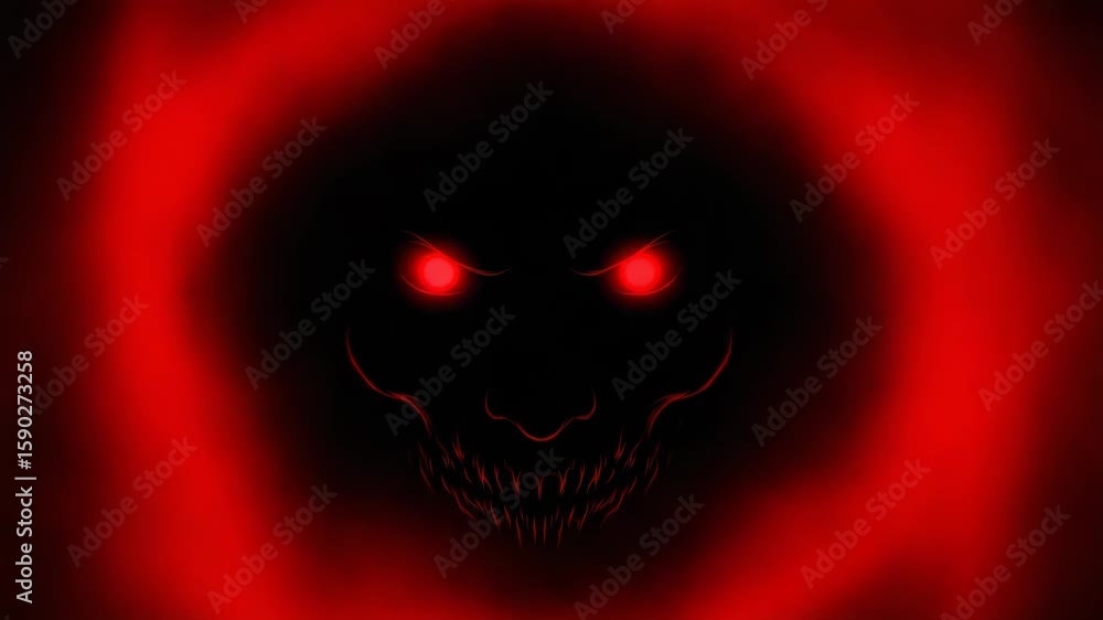 A scary demon face with red eyes emerges from the darkness, creating a ...