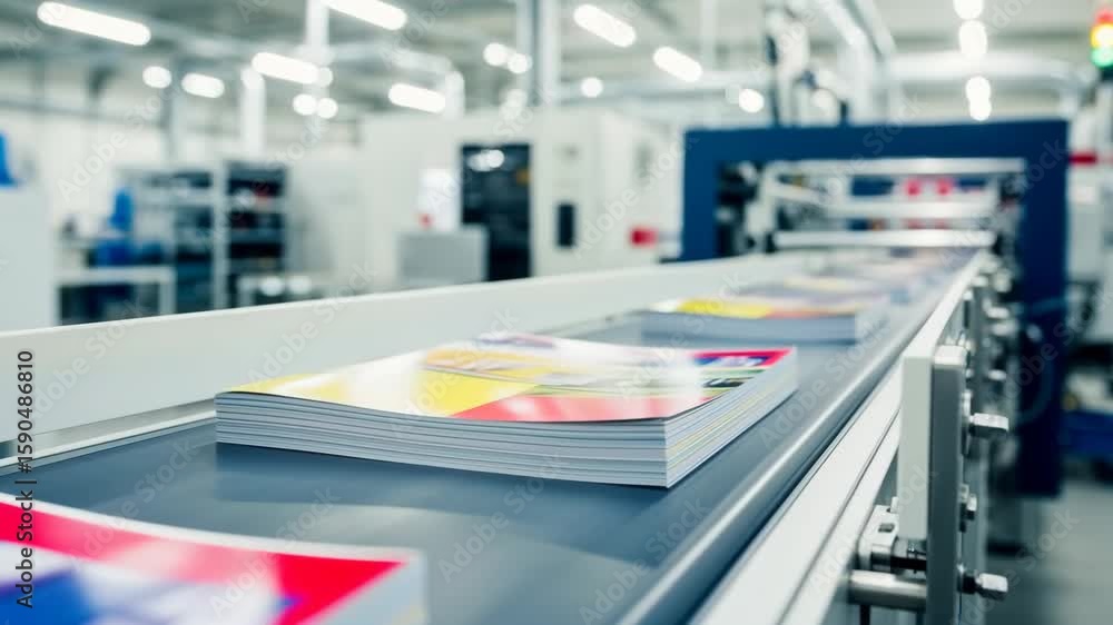 Stacks of freshly printed magazines are moving on a conveyor belt ...