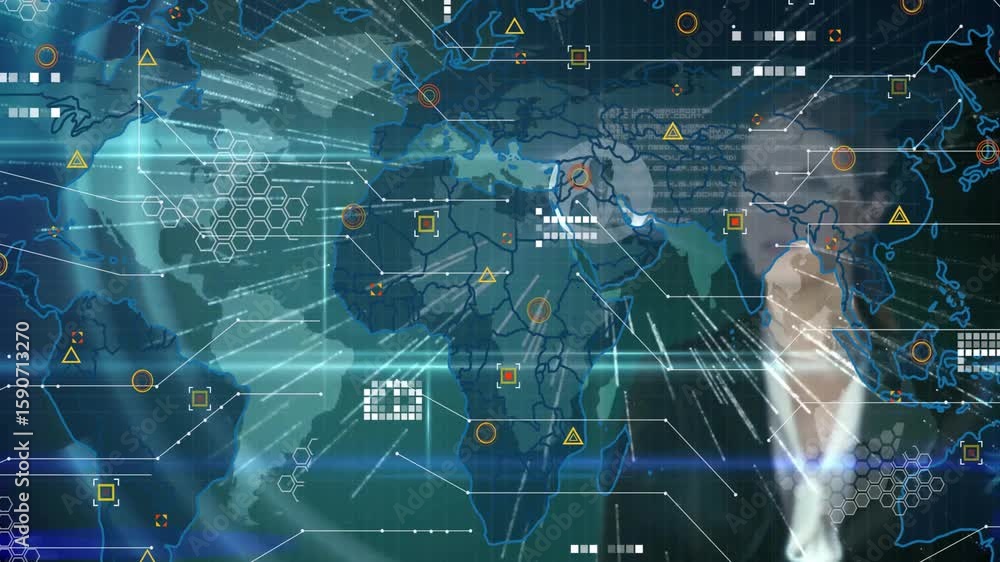 IT manager tapping Europe on transparent map starting animated warnings ...