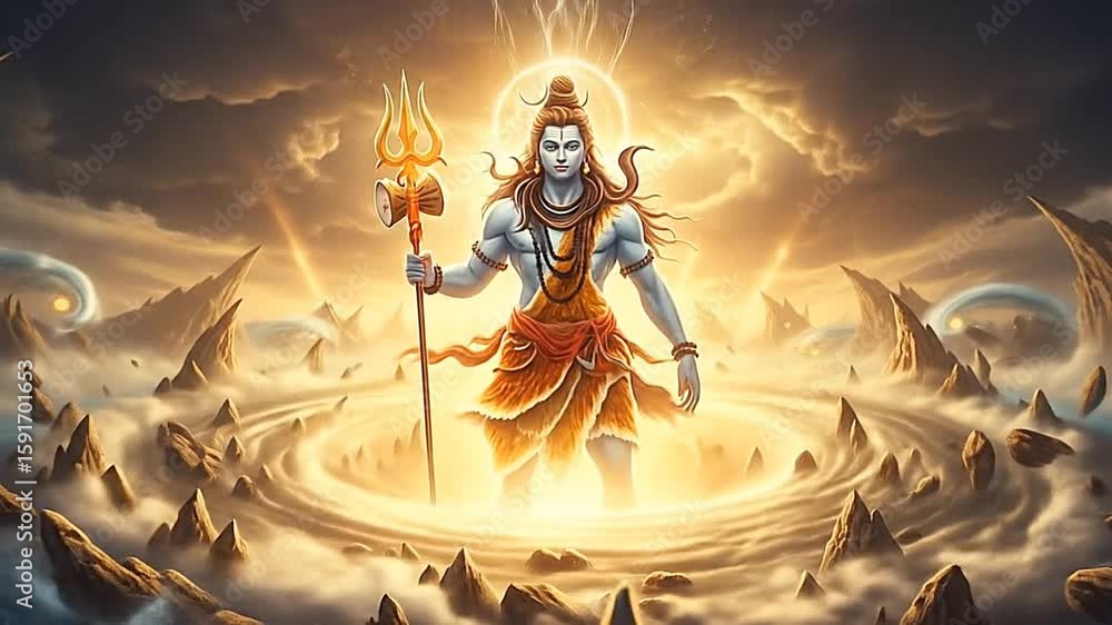 Lord Shiva standing in a fiery circle with a trident, surrounded by ...