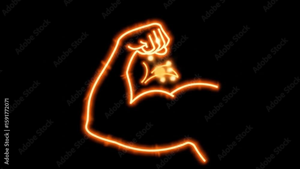 Muscle man cartoon fiery neon outline of a flexing bicep, vibrant ...