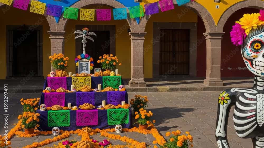 Day of the Dead altar with Catrina skeleton figure. Traditional Dia de ...