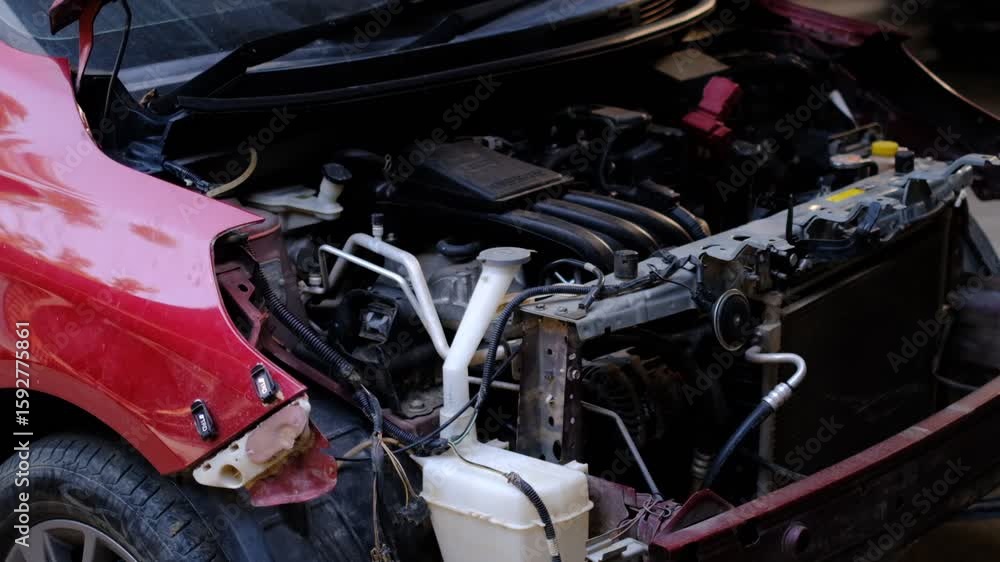 A red car with a damaged engine. The hood is open and the engine is ...