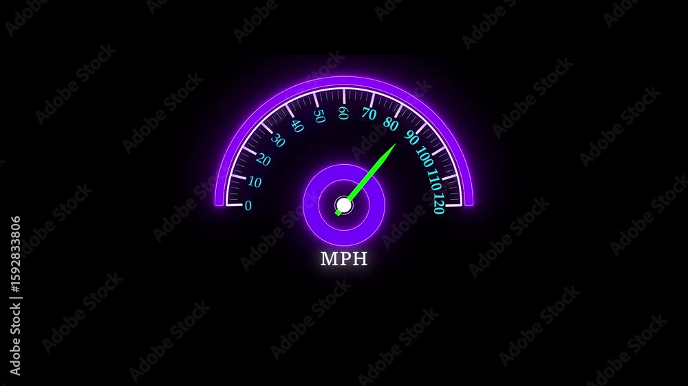 Animated neon speedometer dial indicating vehicle velocity against ...
