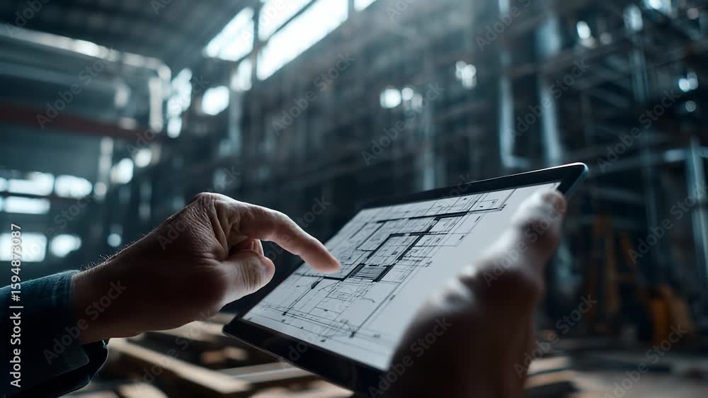 Person scrolls tablet interface schematic blueprint floorplan ...