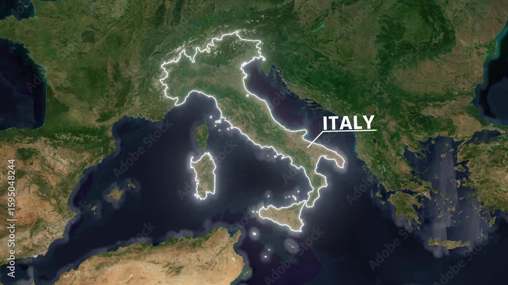 Zoom from Earth to Italy. Glow outline map animation satellite view ...