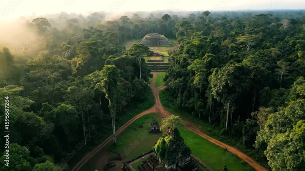 An ancient mayan pyramid complex emerges from the dense, misty ...