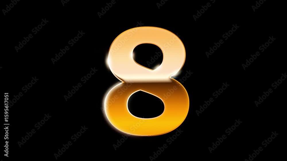 Number eight 8 in golden metallic shiny reflection texture animation on ...