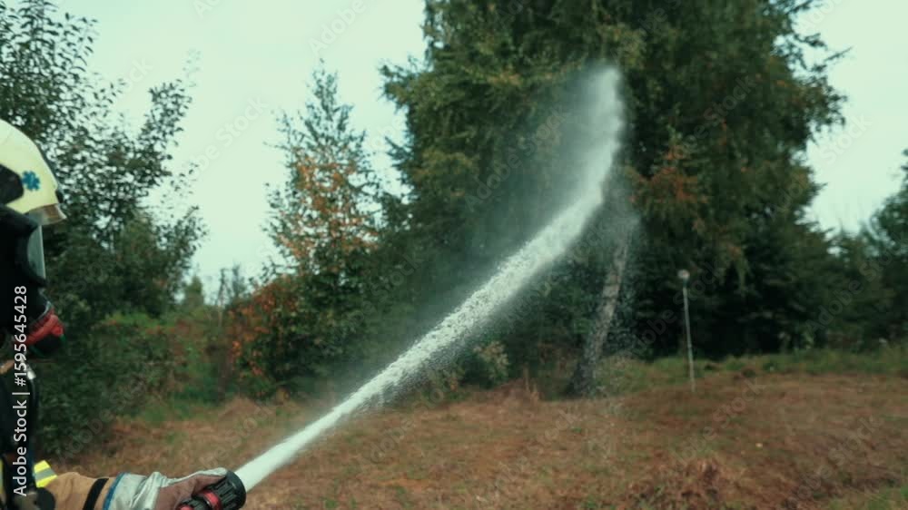 Firefighter training. Firefighters skillfully directing a powerful ...