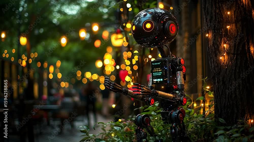 "Cute humanoid robot sitting under fairy lights in romantic garden ...
